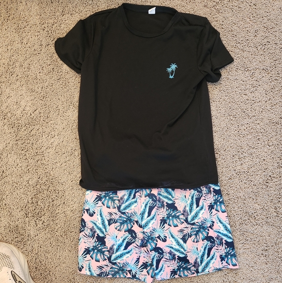SHEIN | Matching Sets | Black Palm Tree Tshirt With Tropical Shorts ...